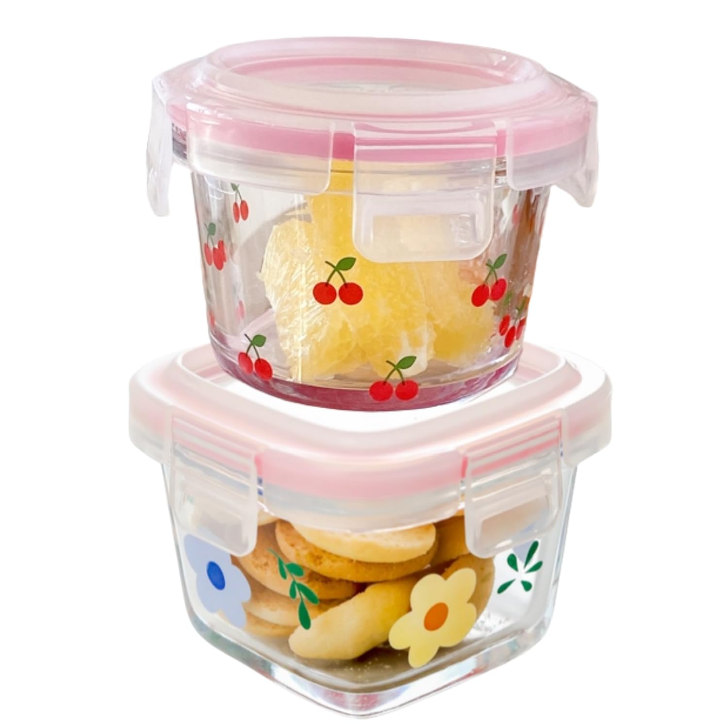 Ivymei 2 Pack Mini Square Round Glass Containers with lids,Small Floral Food Storage Contaiers Glass Food Jars for Food Portion,Dipping Sauce,Snack,Yogurt,Leakproof,Microwave Freezer Safe