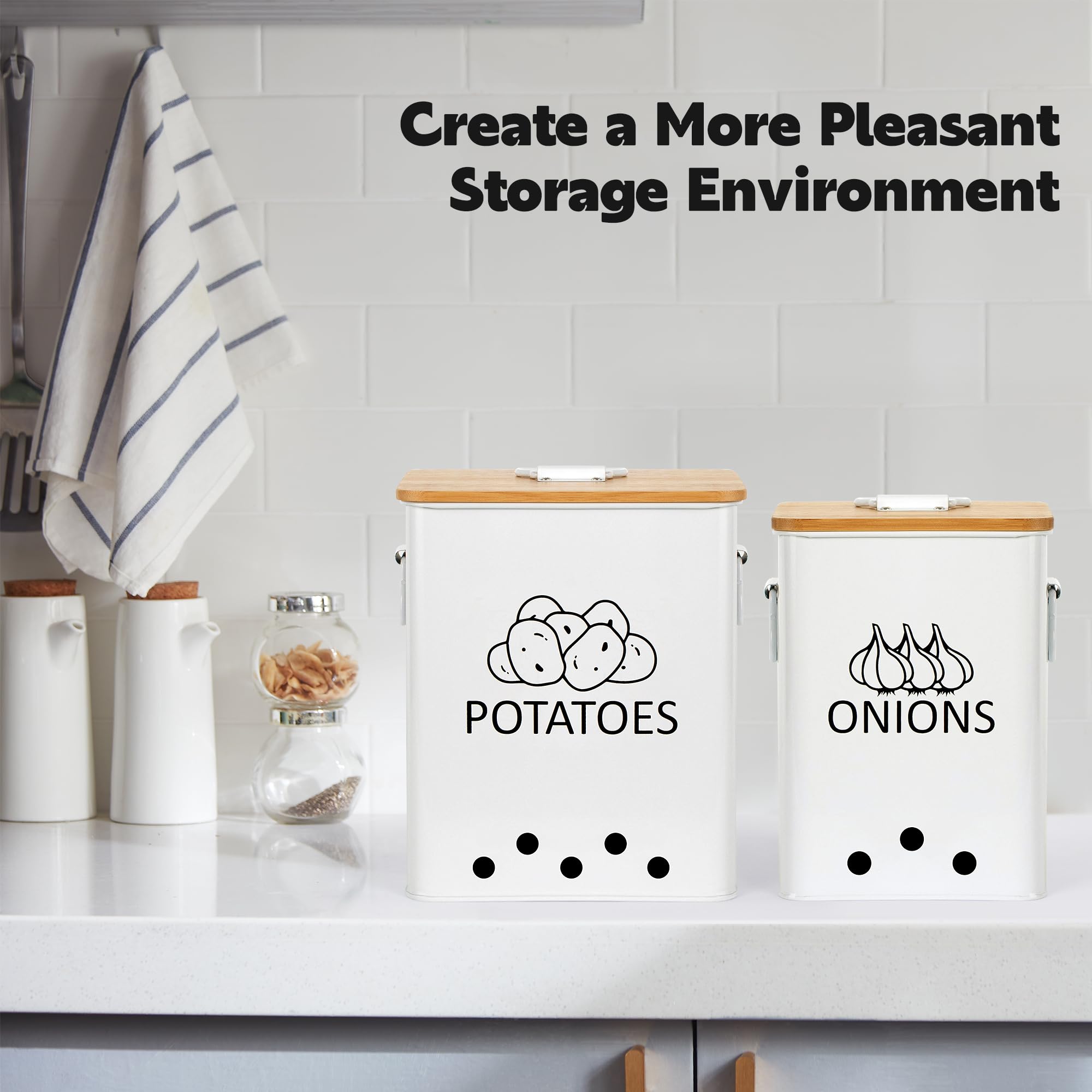 Potato and Onion Storage Bin, Set of 2 Vegetable Storage Tins with Wooden Lids & Side Handles, Dual-row Ventilation Holes, Farmhouse Metal Kitchen Canisters Sets, White