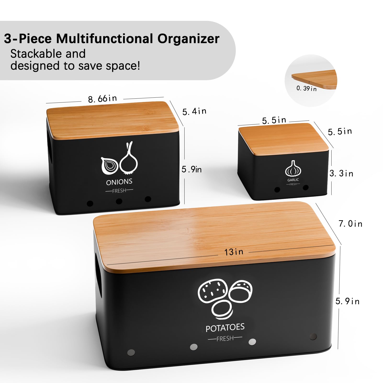 Surmol Potato and Onion Storage Bin,Kitchen Vegetable Storage Tins for Potato Onion & Garlic, Metal 3 Pack Kitchen Organizers and Storage With Aerating Holes and Wooden Lid (Black), 41545