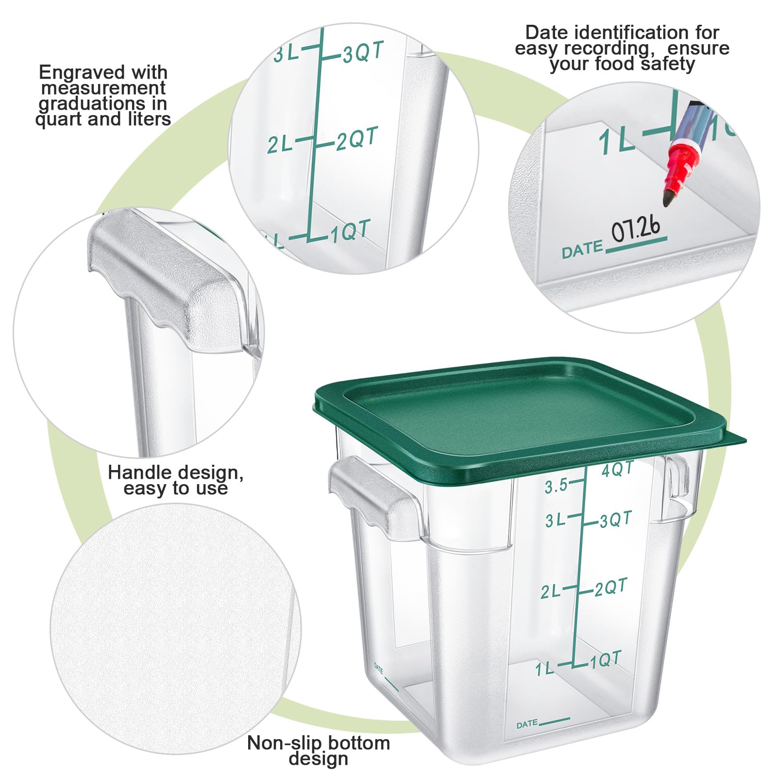 Maxcheck 4 Pcs 4Qt Food Storage Container with Lids Set Square Clear Commercial Containers with Scale and Handle Space Saving for Home Kitchen Restaurant Proof Dough Marinating Meat (Green)