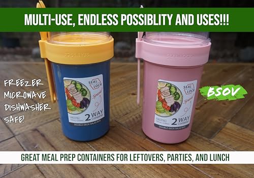 BSOV 2 in 1 Salad To Go Container Lid & Cereal Oats Yogurt Take Out Container with Fork & Dressing Pod, On the Go Portable Food Meal Prep Storage for Lunch and Jar, 3 Compartments (Pink)