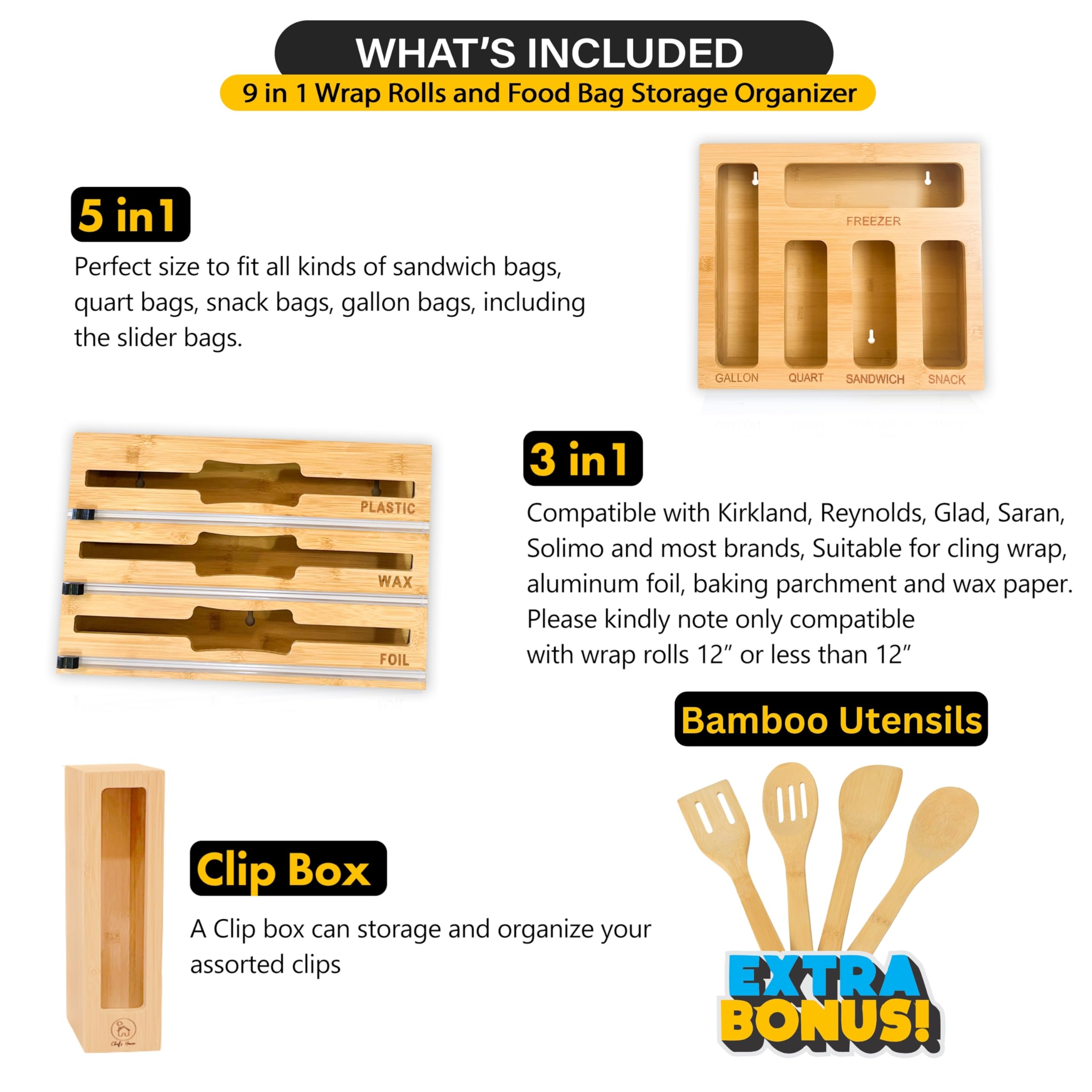 Chef's Haven 9 IN 1 Storage Bag Organizer, Foil and Plastic Wrap Organizer with Cutters, Bamboo Kitchen Baggie Organizer for Drawer, Pantry & Countertop, Storage for Gallon, Quart, Sandwich, Snack Bag
