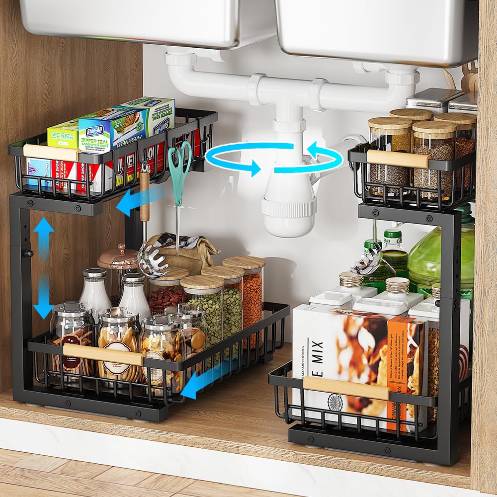 ZMJESSNIA Under Sink Organizer, 2 Tier Under Sink Organizers and Storage, Metal Slide out Pull out Cabinet Organizer ,2 Pack Sliding Drawer Organizer for Kitchen Bathroom Pantry