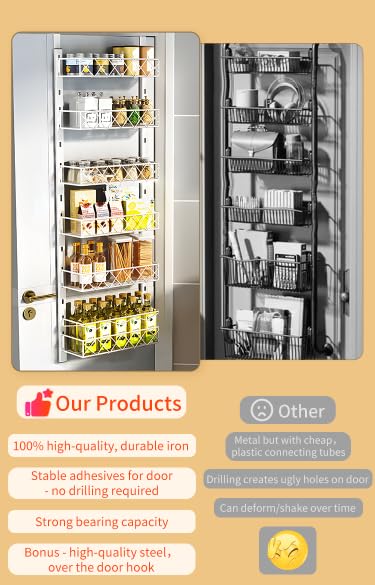 6 Tier Pantry Organizer with Cloth Hook (White) - Metal Hanging Kitchen Spice Rack, Can Organizer - Maximize Your Pantry Door Storage Space, Neat and Efficient Pantry Organization Solution