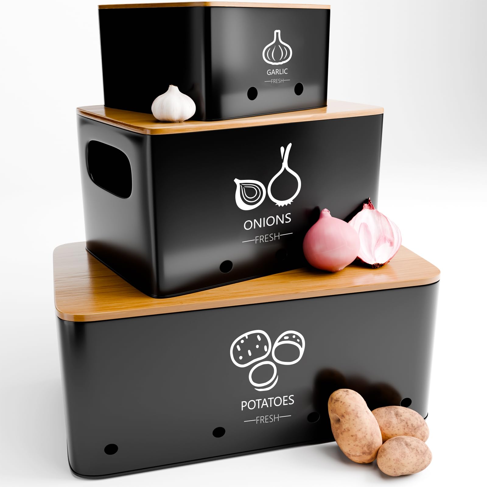 Surmol Potato and Onion Storage Bin,Kitchen Vegetable Storage Tins for Potato Onion & Garlic, Metal 3 Pack Kitchen Organizers and Storage With Aerating Holes and Wooden Lid (Black), 41545