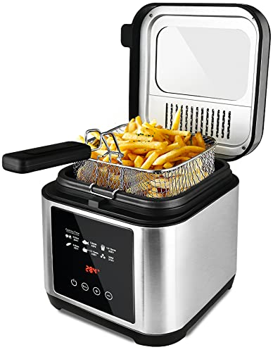 Deep Fryer CUSIMAX Electric Deep Fryer with Basket and Drip Hook, 2.5L/2.6QT Oil Capacity Fish Fryer with Temperature Control, Removable Lid, View Window, Stainless Steel Oil Fryer, 1200W
