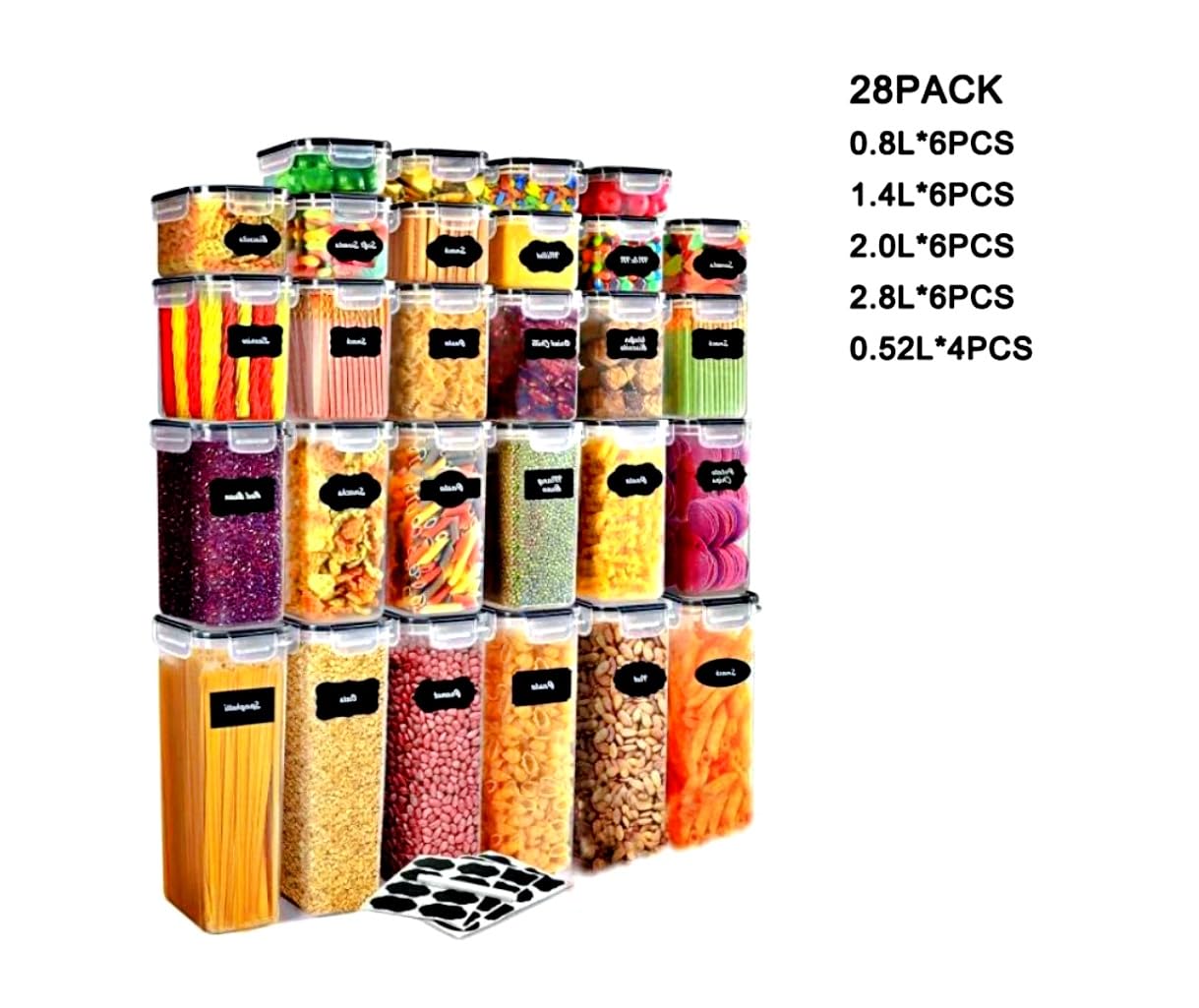 Airtight Kitchen Food Storage Containers with Lids, 24 pcs Organize Your Kitchen and Pantry With Our Canisters for Cereal, Dry Food, Flour and Sugar, BPA Free, Includes 24 Labels