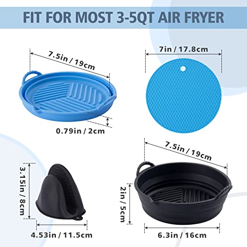 SiliconeWay Air Fryer Silicone Liners - 4PCS With 2 Foldable Air Fryer Liners, 1 Pair Silicone Oven Mitts,1 Silicone Mat And 1 Ebook- Collapsible Lip Design Heat Resistant Silicone Basket Pot