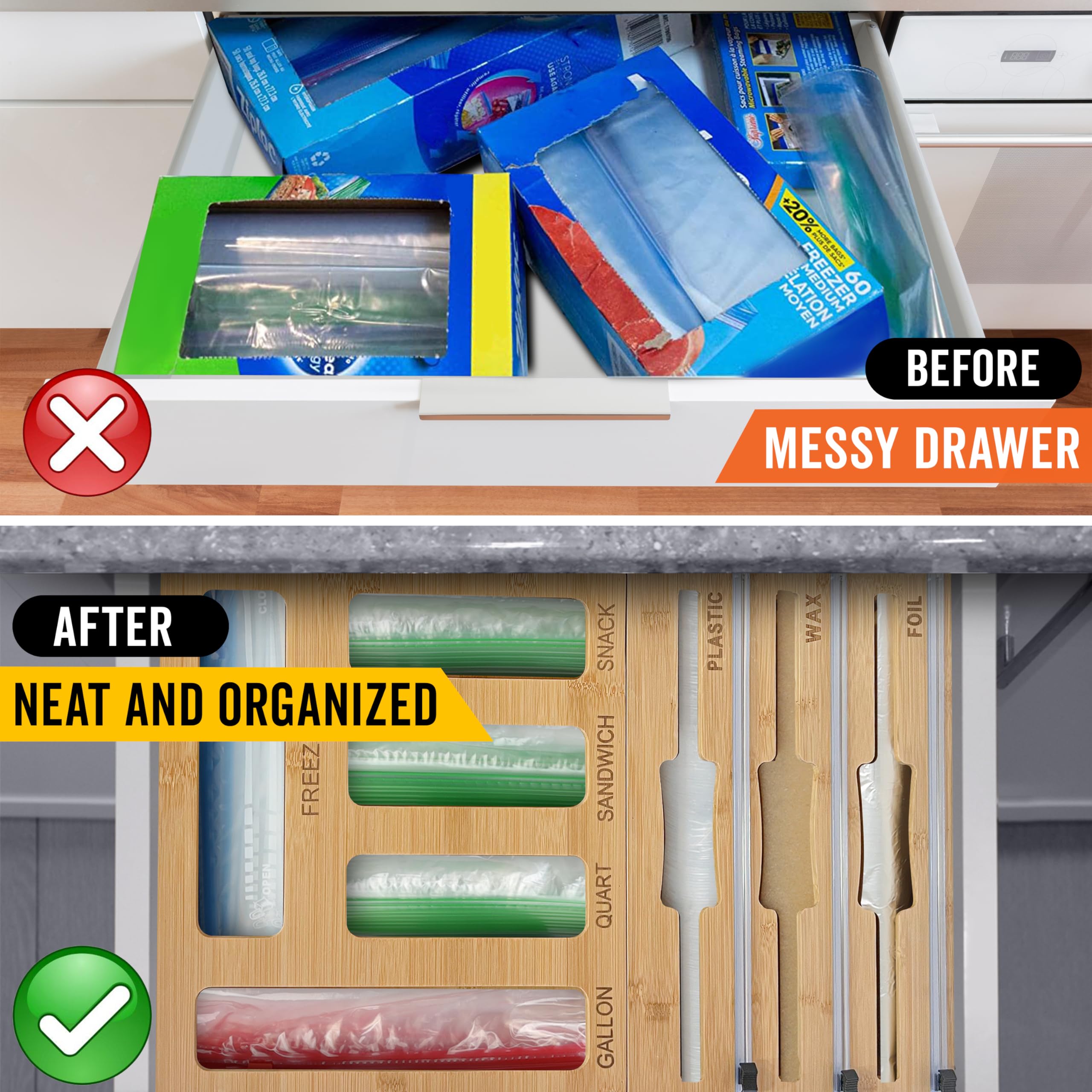 Chef's Haven 9 IN 1 Storage Bag Organizer, Foil and Plastic Wrap Organizer with Cutters, Bamboo Kitchen Baggie Organizer for Drawer, Pantry & Countertop, Storage for Gallon, Quart, Sandwich, Snack Bag