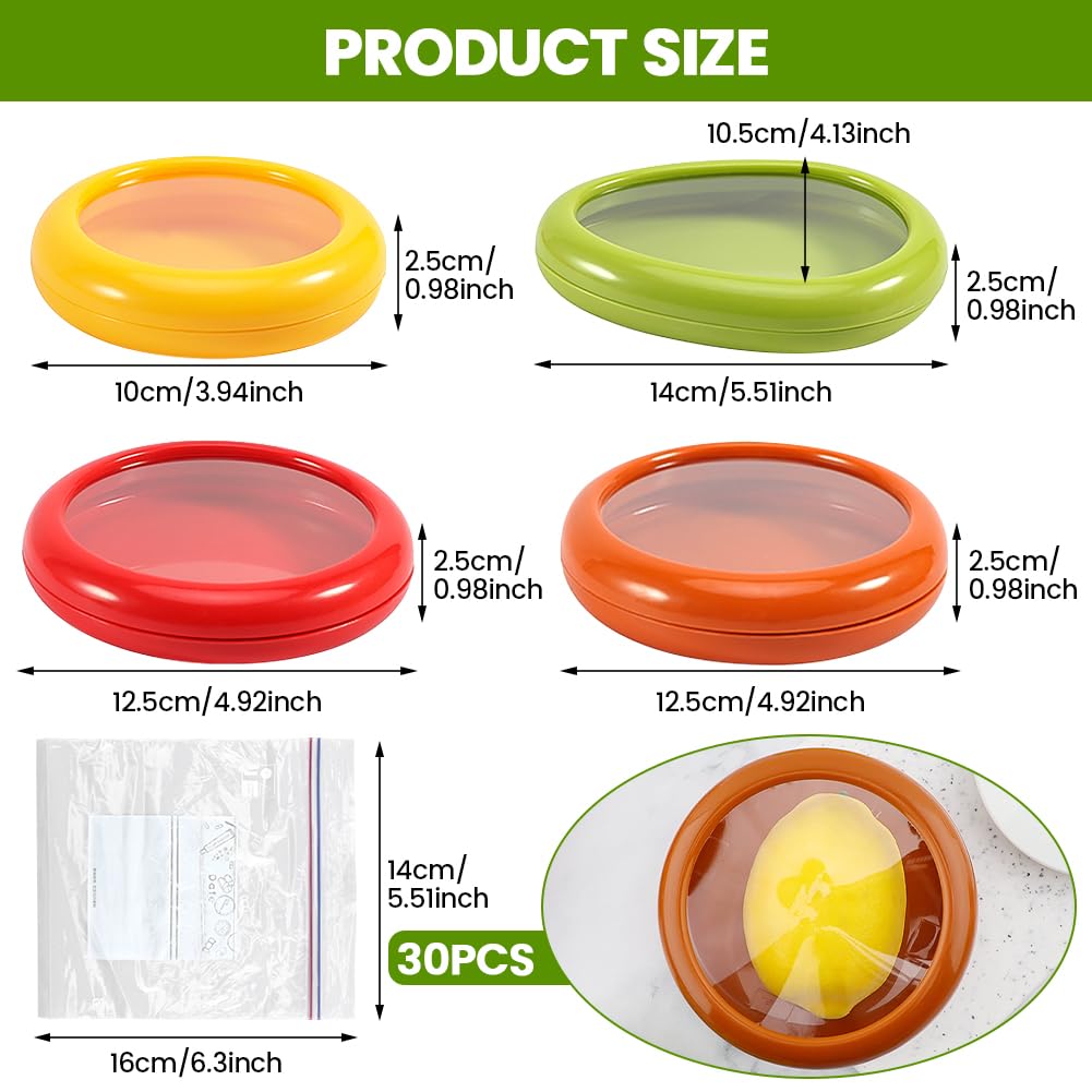 4 Pcs Avocado Saver, Avocado Storage Container with 30 Freezer Bags, Fruit Storage Containers for Fridge, Reusable Refrigerator Storage Box Fresh Stretch Pod for Vegetable Crispe