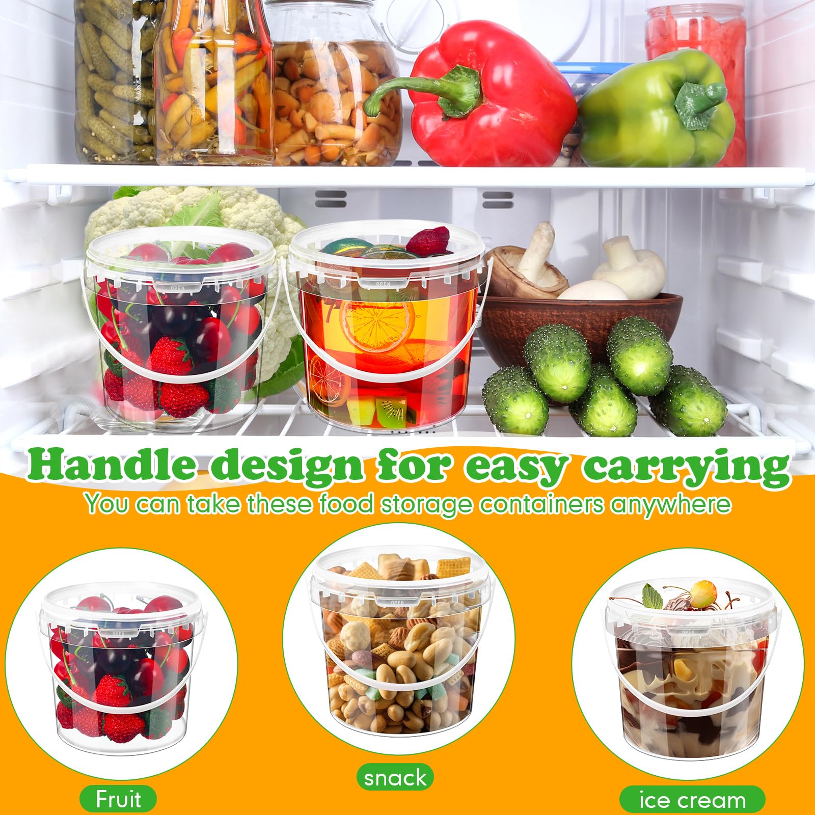 Funnymoom 20 Pack 48 oz Clear Buckets with Lid Plastic Ice Cream Buckets with Lid and Handle Ice Cream Tub Food Storage Containers Round Plastic Pails Freezer and Microwave Safe for Food