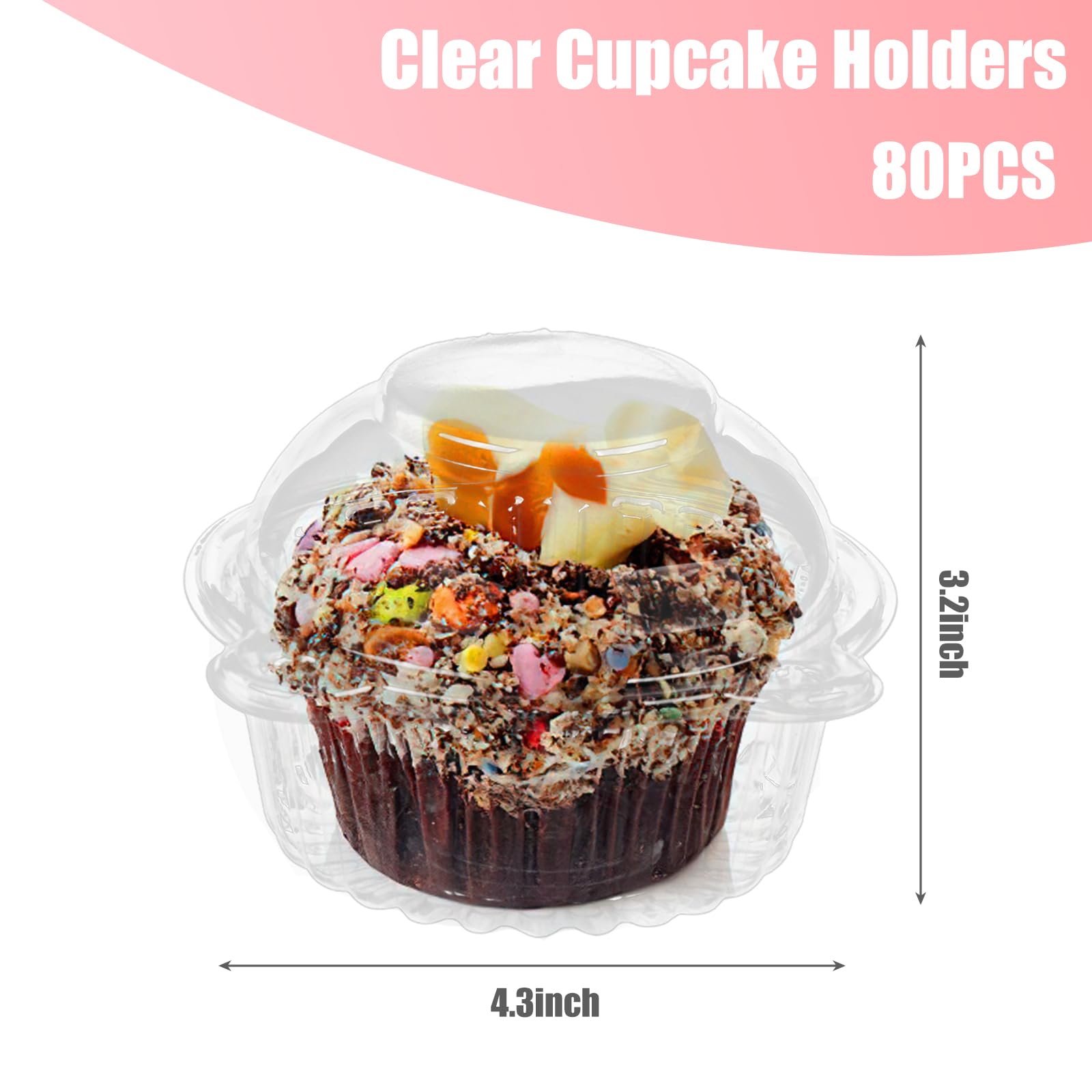 HANSGO 80Pack Individual Cupcake Containers with Lid, 4.3 x 3.2 Inches Plastic Clear Cupcake Holder for Wedding Baby Shower Birthday Party Supply