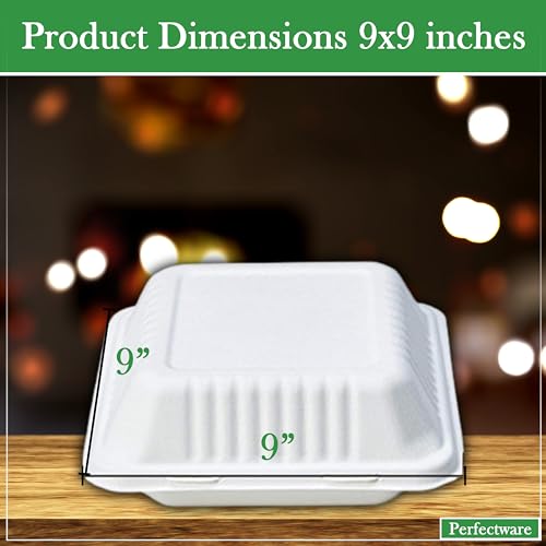 Perfectware 100% Compostable 3 Comp Take Out Food Containers 9x9x 3. 100 Containers, Natural Disposable Bagasse, Eco-Friendly Biodegradable Made of Sugar Cane
