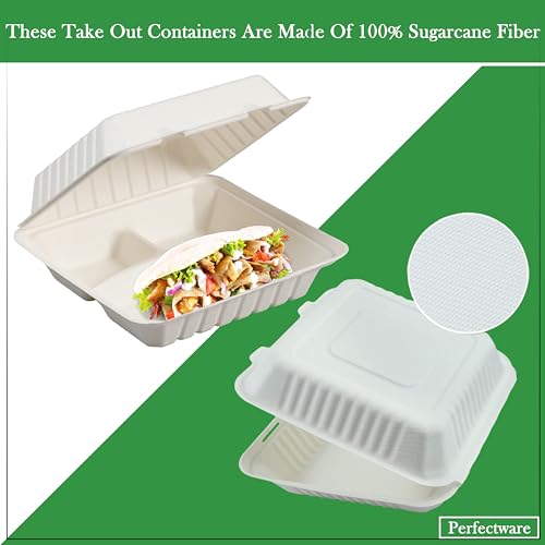 Perfectware 100% Compostable 3 Comp Take Out Food Containers 9x9x 3. 100 Containers, Natural Disposable Bagasse, Eco-Friendly Biodegradable Made of Sugar Cane