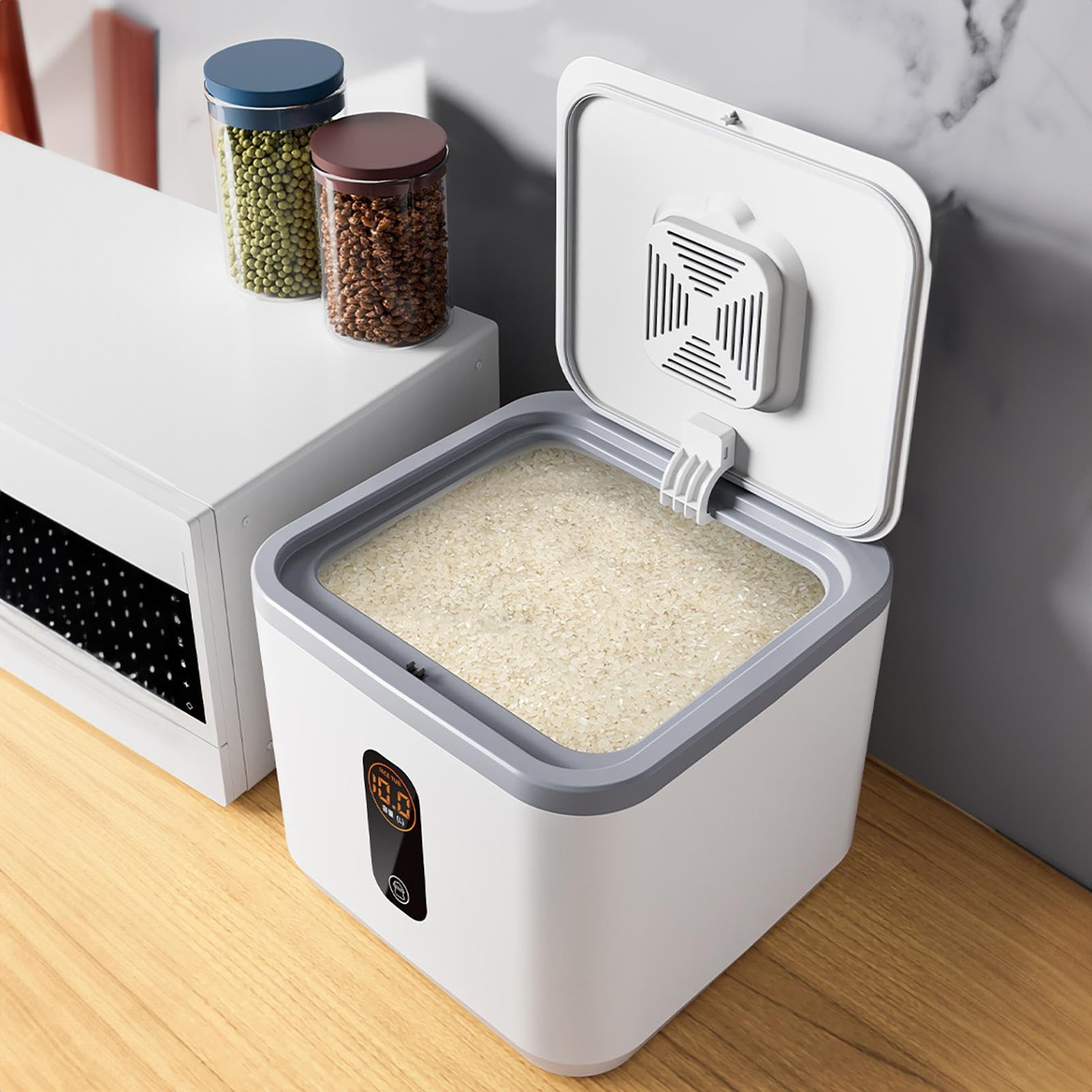 MCGOS Rice Dispenser, Rice Airtight Storage Container, 25 Lbs Rice Container, Cereal Dry Food Flour Bin, Food Dispenser with Measuring Cup, Kitchen and Pantry Organization Bin for Sugar, Pasta