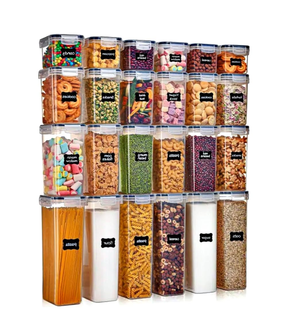 Airtight Kitchen Food Storage Containers with Lids, 24 pcs Organize Your Kitchen and Pantry With Our Canisters for Cereal, Dry Food, Flour and Sugar, BPA Free, Includes 24 Labels