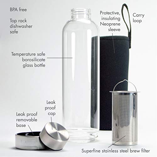 Primula Cold Brew Travel Bottle with Black Insulating Neoprene Sleeve - Borosilicate Glass and Stainless Steel Mesh Core - Dishwasher Safe - 19 Oz. - Clear