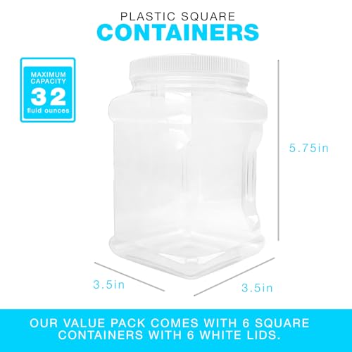 Plastic Jars (32 Fl Ounce - 6 Pack) Square Grip Handle | Clear PET Empty Jar Container Sets with Ribbed White Airtight Lid | Food Storage, Supplies, Snacks, Detergent, Kitchen & Household Storage