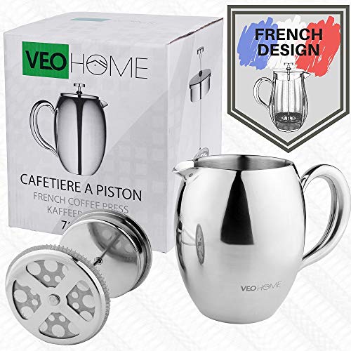 Cafetiere French Press Coffee Maker by VeoHome - Unbreakable and keeps coffee hotter for a long time thanks to its double wall (0.75 Liter)
