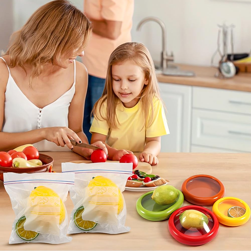 4 Pcs Avocado Saver, Avocado Storage Container with 30 Freezer Bags, Fruit Storage Containers for Fridge, Reusable Refrigerator Storage Box Fresh Stretch Pod for Vegetable Crispe