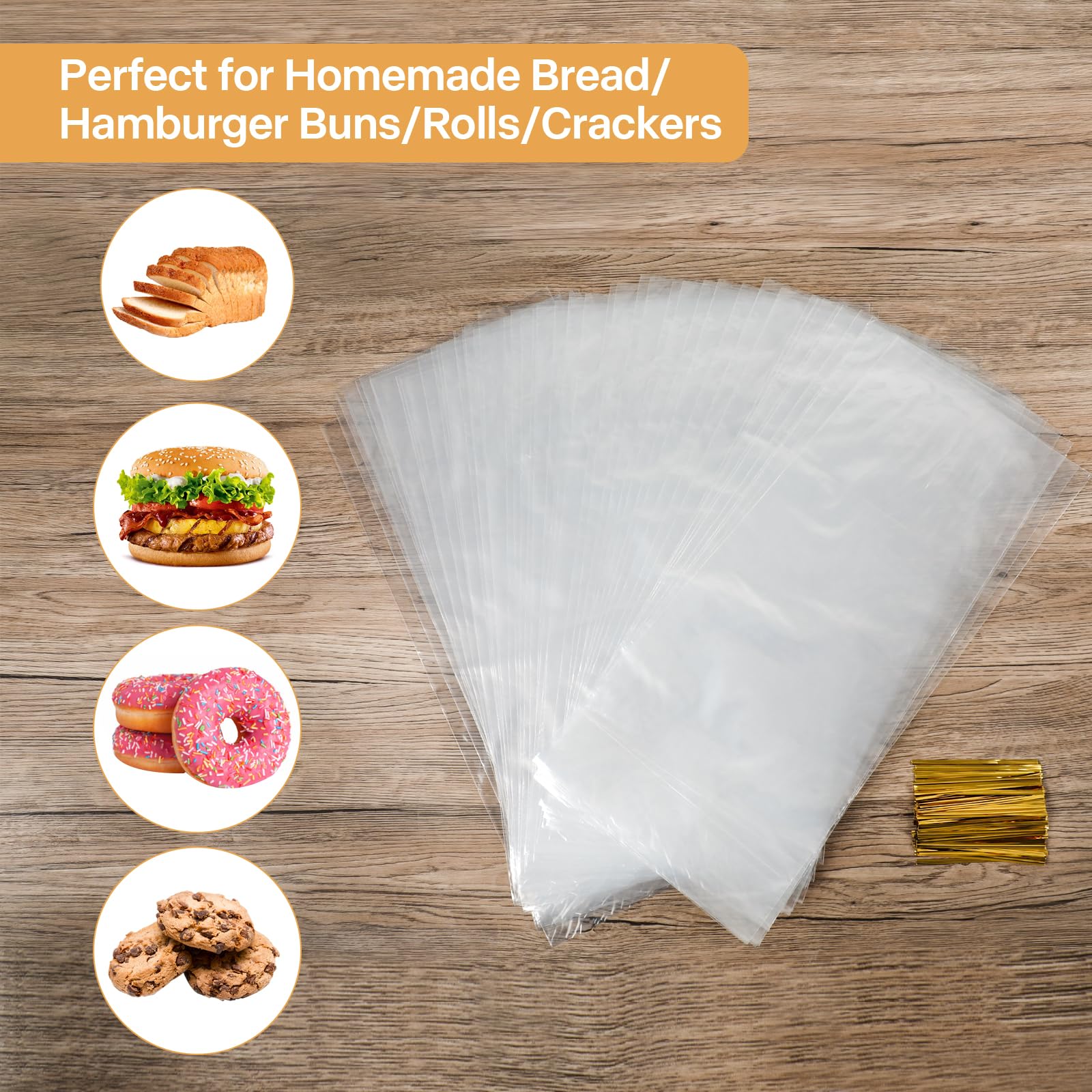 Spmarkt 100packs Plastic Bread Bags with 110 Twist Ties, Food Grade Plastic Bread Bags for Homemade Bread, Clear Bread Loaf Bags for Convenient Baking Storage Solution, Ideal for Home Bakers