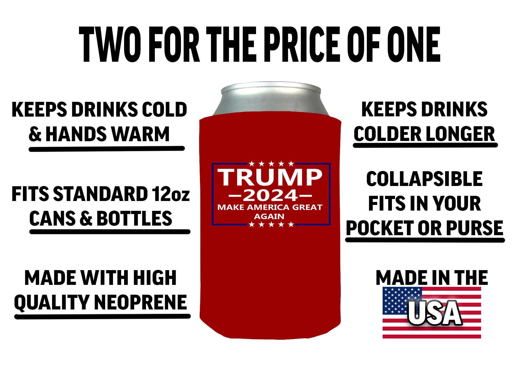 Rogue River Tactical Trump Red Make America Great Again MAGA Flag Neoprene Collapsible Beer Can Bottle Beverage Cooler Sleeves 2 Pack