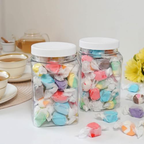Plastic Jars (32 Fl Ounce - 6 Pack) Square Grip Handle | Clear PET Empty Jar Container Sets with Ribbed White Airtight Lid | Food Storage, Supplies, Snacks, Detergent, Kitchen & Household Storage