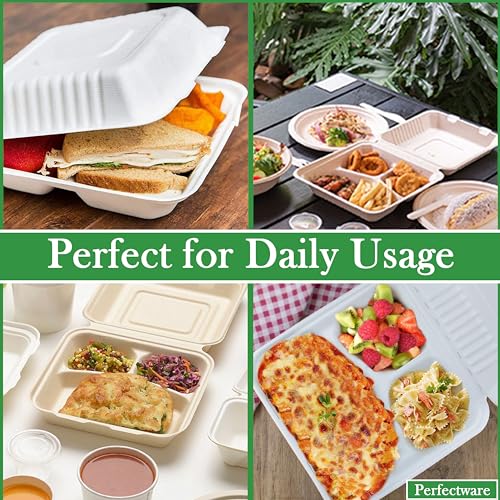 Perfectware 100% Compostable 3 Comp Take Out Food Containers 9x9x 3. 100 Containers, Natural Disposable Bagasse, Eco-Friendly Biodegradable Made of Sugar Cane
