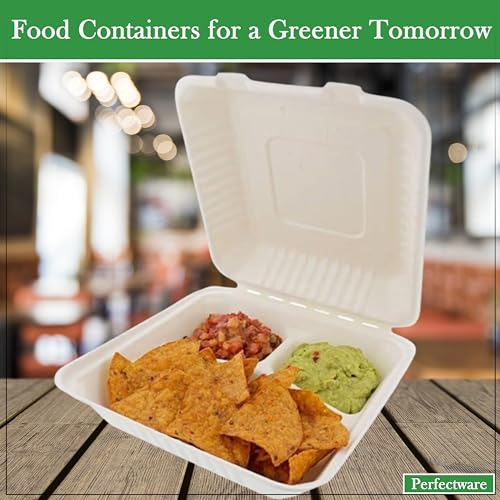 Perfectware 100% Compostable 3 Comp Take Out Food Containers 9x9x 3. 100 Containers, Natural Disposable Bagasse, Eco-Friendly Biodegradable Made of Sugar Cane