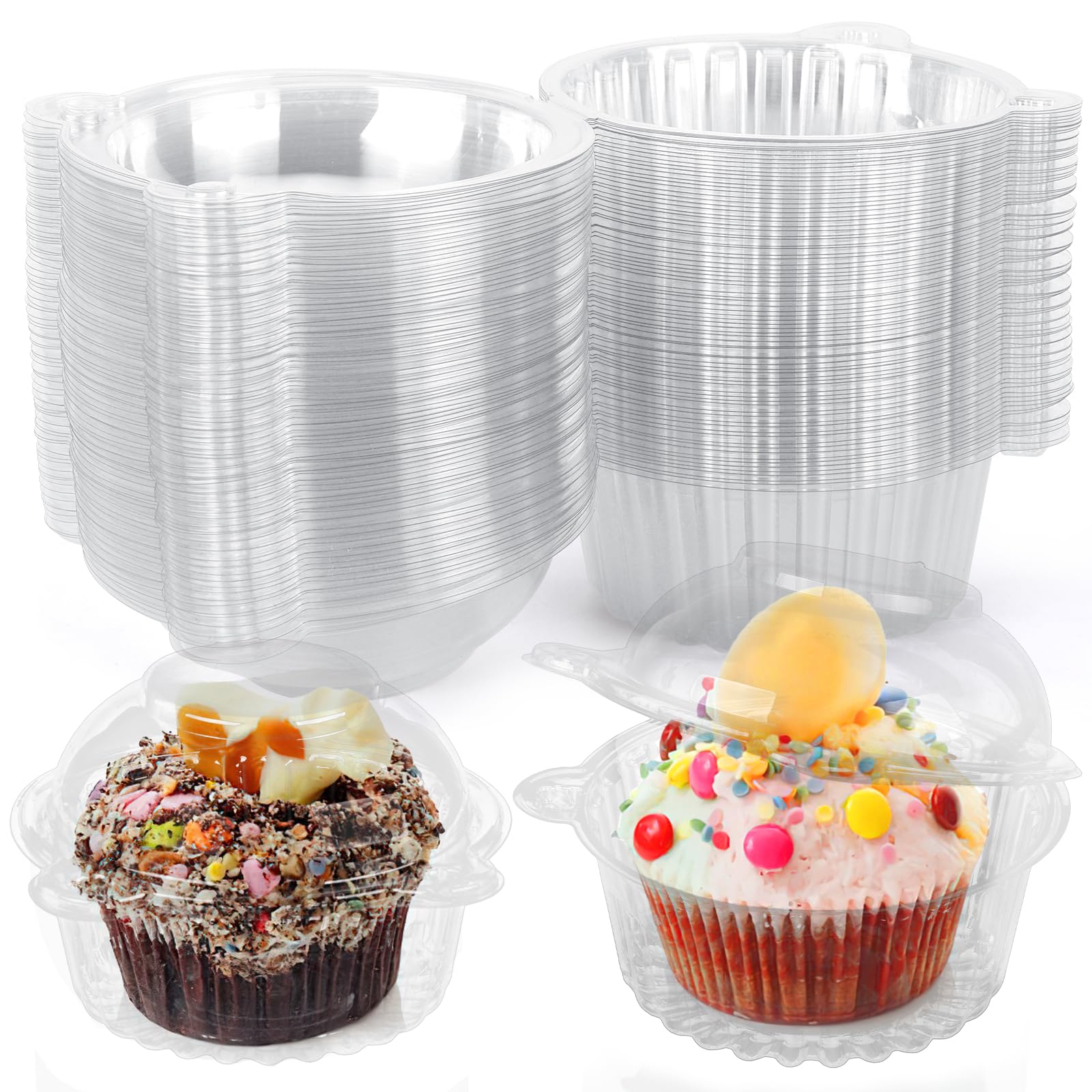 HANSGO 80Pack Individual Cupcake Containers with Lid, 4.3 x 3.2 Inches Plastic Clear Cupcake Holder for Wedding Baby Shower Birthday Party Supply