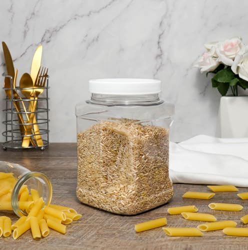 Plastic Jars (32 Fl Ounce - 6 Pack) Square Grip Handle | Clear PET Empty Jar Container Sets with Ribbed White Airtight Lid | Food Storage, Supplies, Snacks, Detergent, Kitchen & Household Storage