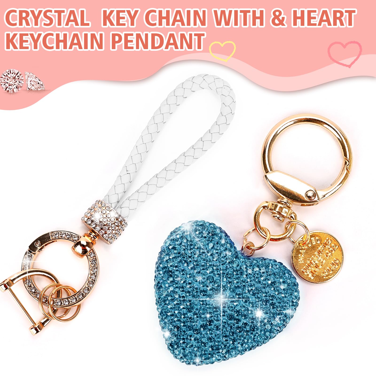 Car Keychain for Women with Rhinestone Heart Shape Bling Girl Cute Keychain for Christmas,Personalized Gift(A-Blue)