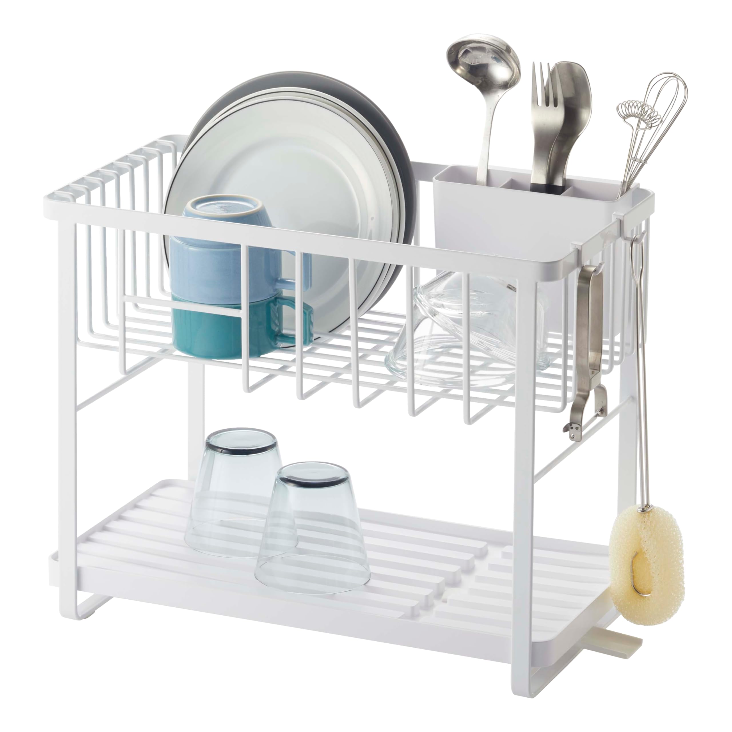 Yamazaki Home Two-Tier Adjustable Dish Drainer Rack, Compact Drying Rack with Hooks, Utensils Holder, Steel, Draining Spout, Water Resistant, No Assembly Req.