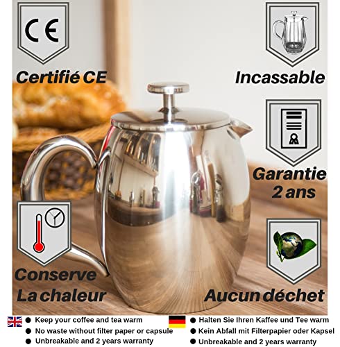 Cafetiere French Press Coffee Maker by VeoHome - Unbreakable and keeps coffee hotter for a long time thanks to its double wall (0.75 Liter)