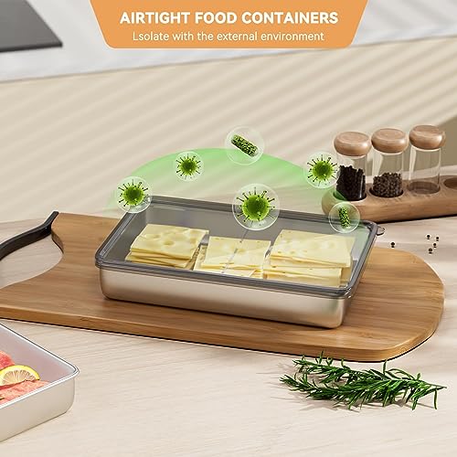 2 Pcs Bacon Container for Refrigerator, 304 Stainless Steel Airtight Deli Meat Storage Containers with Clear Lid and Non-Slip Bottom,for Kitchen Fridge Organizers and Storage (Square+Rectangular)