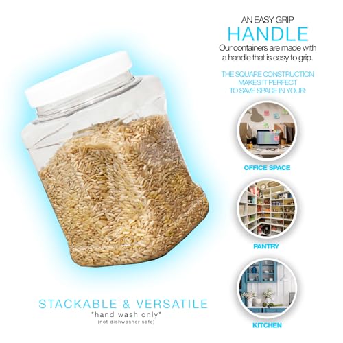 Plastic Jars (32 Fl Ounce - 6 Pack) Square Grip Handle | Clear PET Empty Jar Container Sets with Ribbed White Airtight Lid | Food Storage, Supplies, Snacks, Detergent, Kitchen & Household Storage
