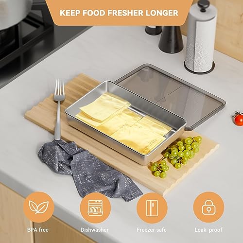 2 Pcs Bacon Container for Refrigerator, 304 Stainless Steel Airtight Deli Meat Storage Containers with Clear Lid and Non-Slip Bottom,for Kitchen Fridge Organizers and Storage (Square+Rectangular)