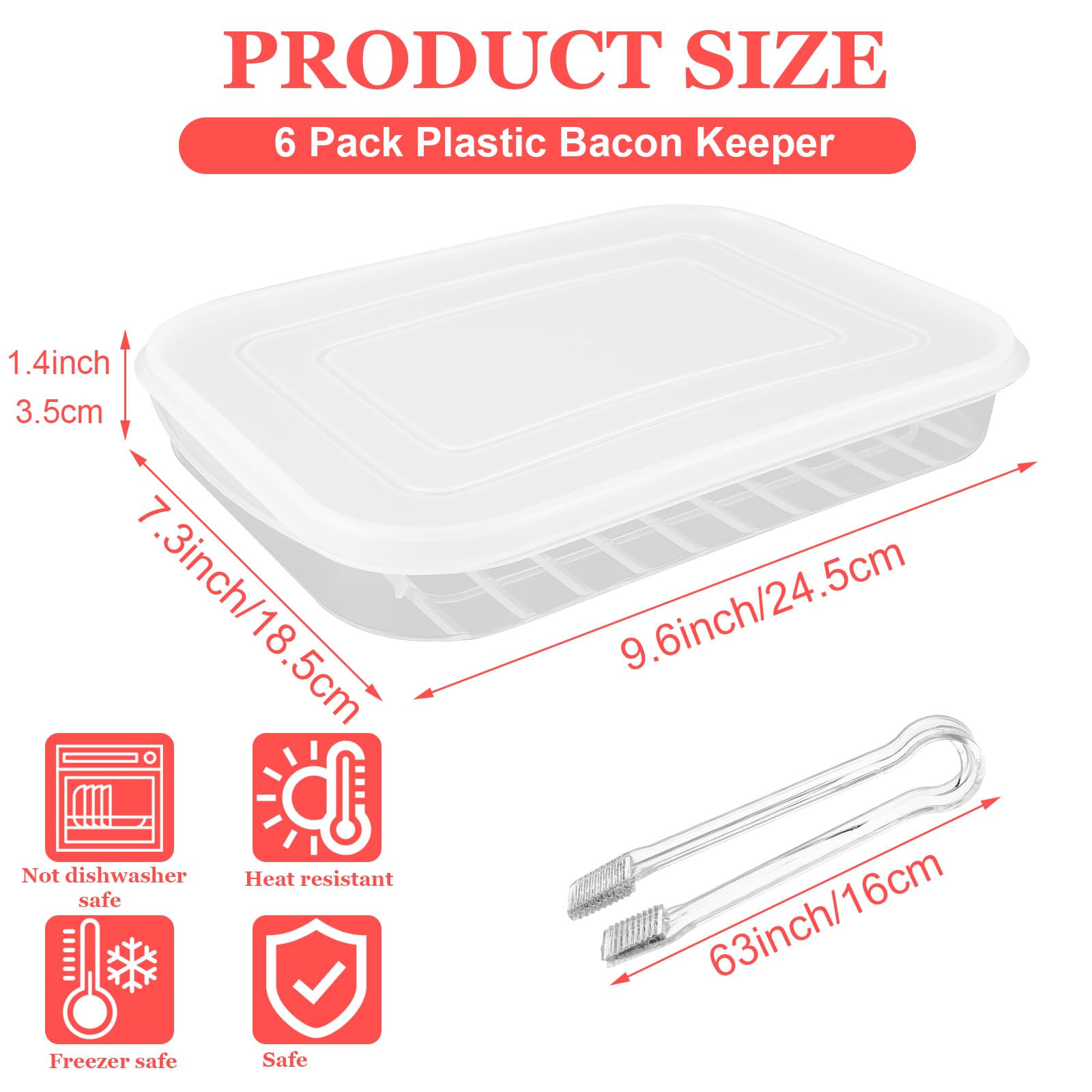 WOPPLXY 6 Pack Bacon Keeper, Plastic Deli Meat Container with Lids, Airtight Cold Cuts Storage Containers for Fridge Storage Box Food Shallow Low Profile Bacon Holder with 3 Pcs Buffet Serving Tongs