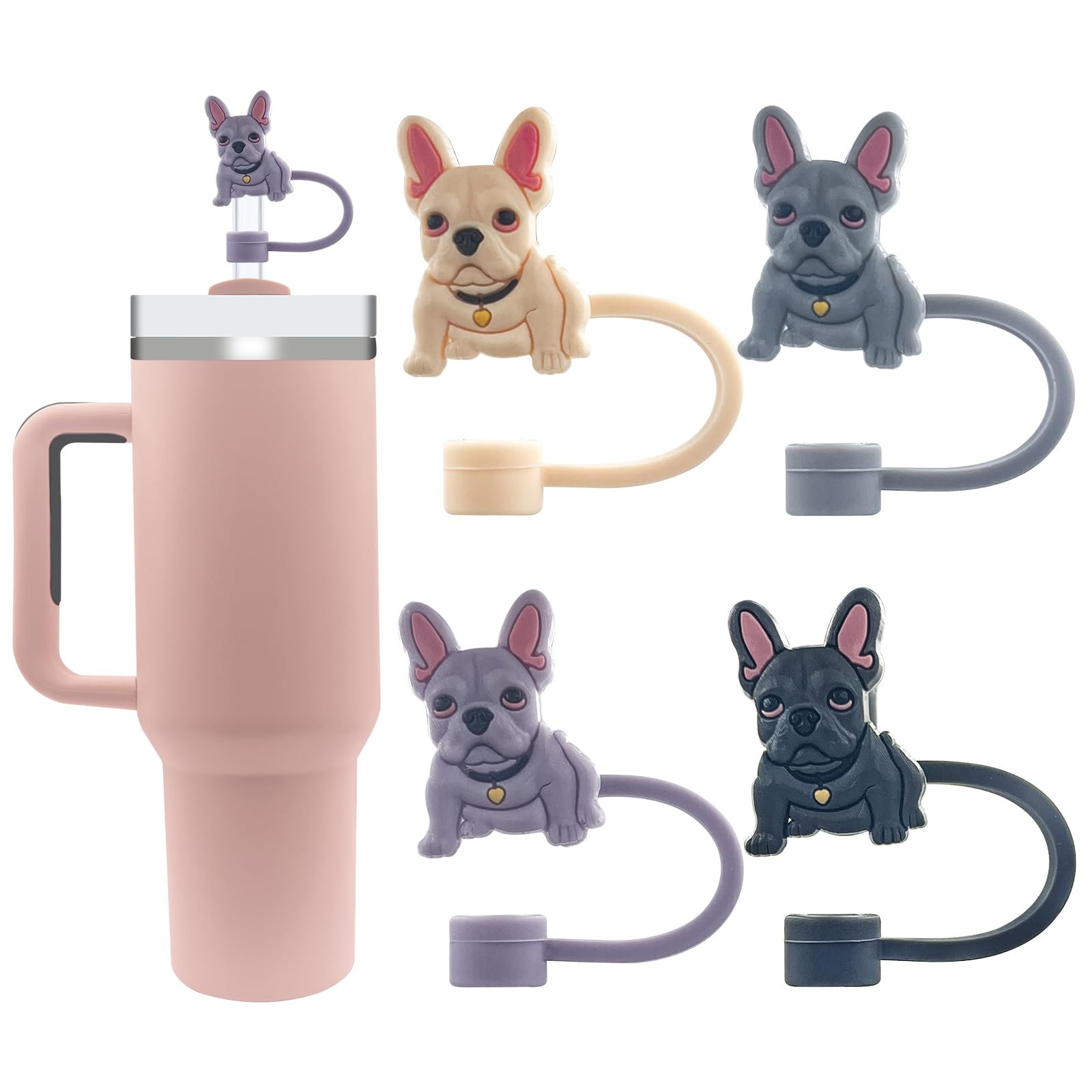 Velaco 4Pcs 0.4in/10mm Diameter Silicone Straw Covers Cap Compatible with Stanley 20 30&40 Oz Cup, Cute Dog Straw Toppers for Stanley 40 Oz Tumbler with Handle, Dust-Proof Straw Caps for Water Bottle