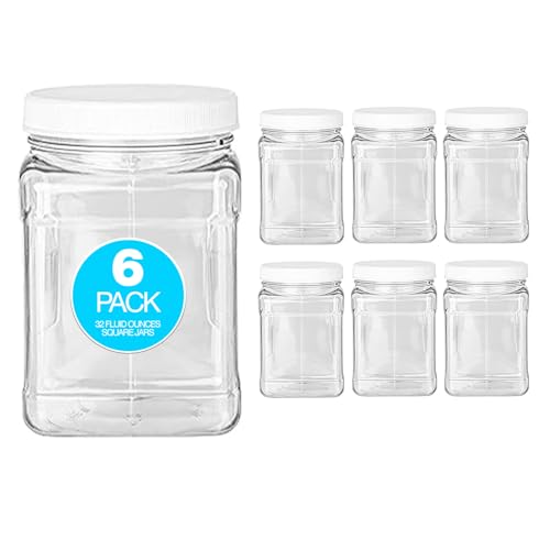 Plastic Jars (32 Fl Ounce - 6 Pack) Square Grip Handle | Clear PET Empty Jar Container Sets with Ribbed White Airtight Lid | Food Storage, Supplies, Snacks, Detergent, Kitchen & Household Storage