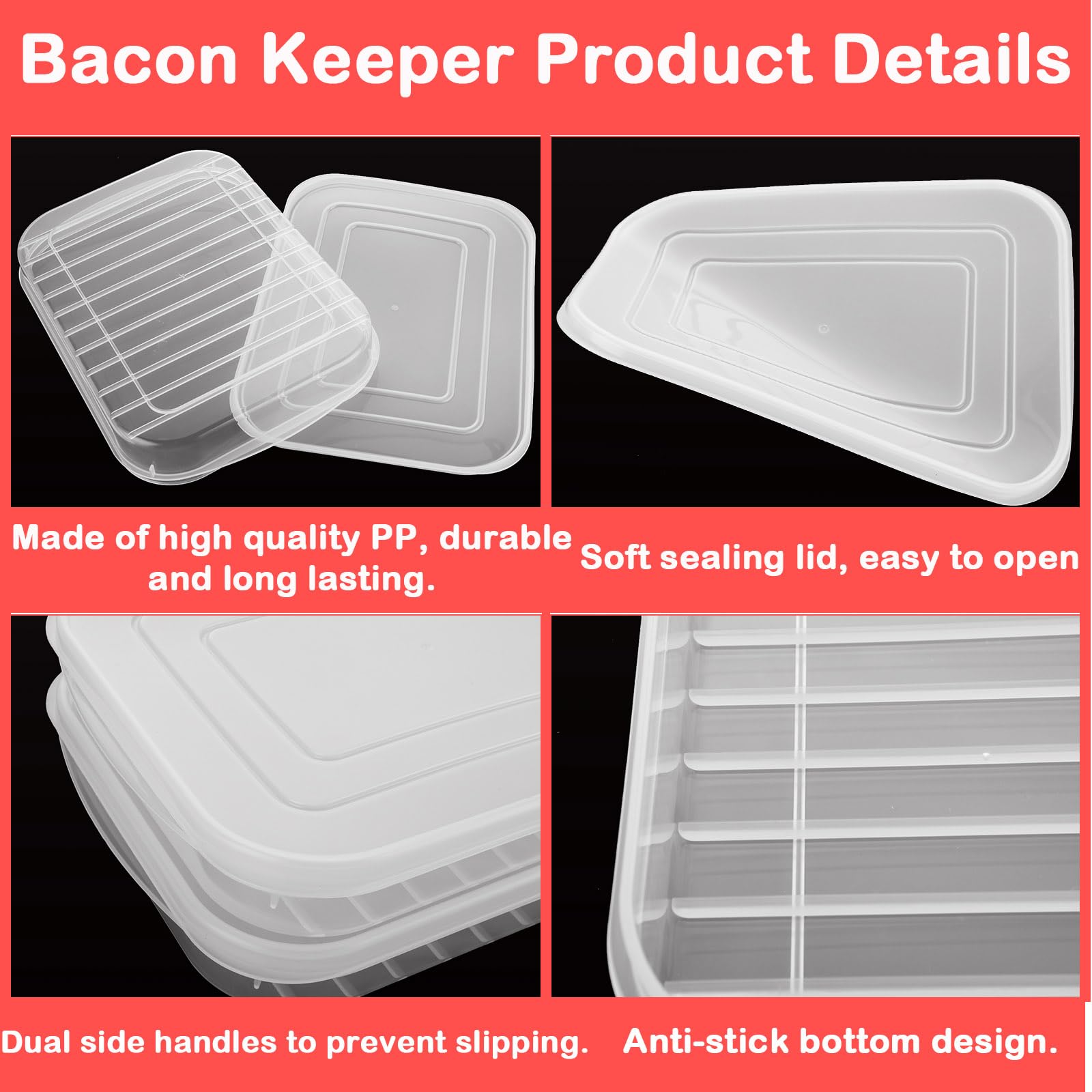 WOPPLXY 6 Pack Bacon Keeper, Plastic Deli Meat Container with Lids, Airtight Cold Cuts Storage Containers for Fridge Storage Box Food Shallow Low Profile Bacon Holder with 3 Pcs Buffet Serving Tongs