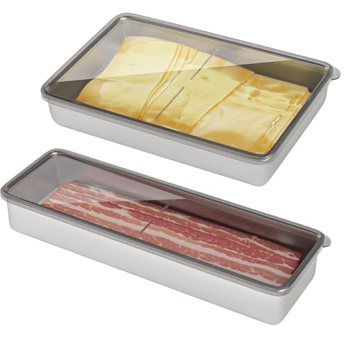 2 Pcs Bacon Container for Refrigerator, 304 Stainless Steel Airtight Deli Meat Storage Containers with Clear Lid and Non-Slip Bottom,for Kitchen Fridge Organizers and Storage (Square+Rectangular)
