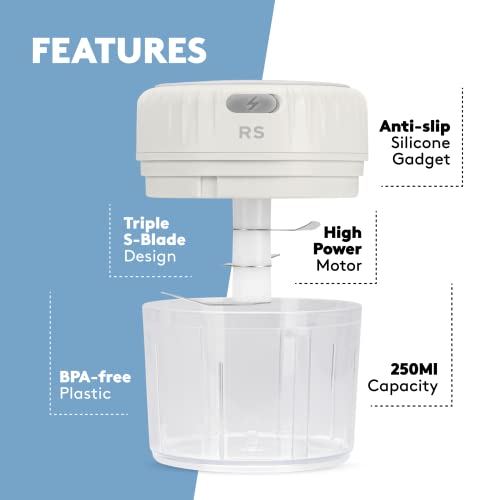 Real Simple Electric Mini Food Processor | Mini Chopper for Quick Food Prep Station, Portable Salad and Minced Onion | Portable USB Charging, 250 ML Food Container | White