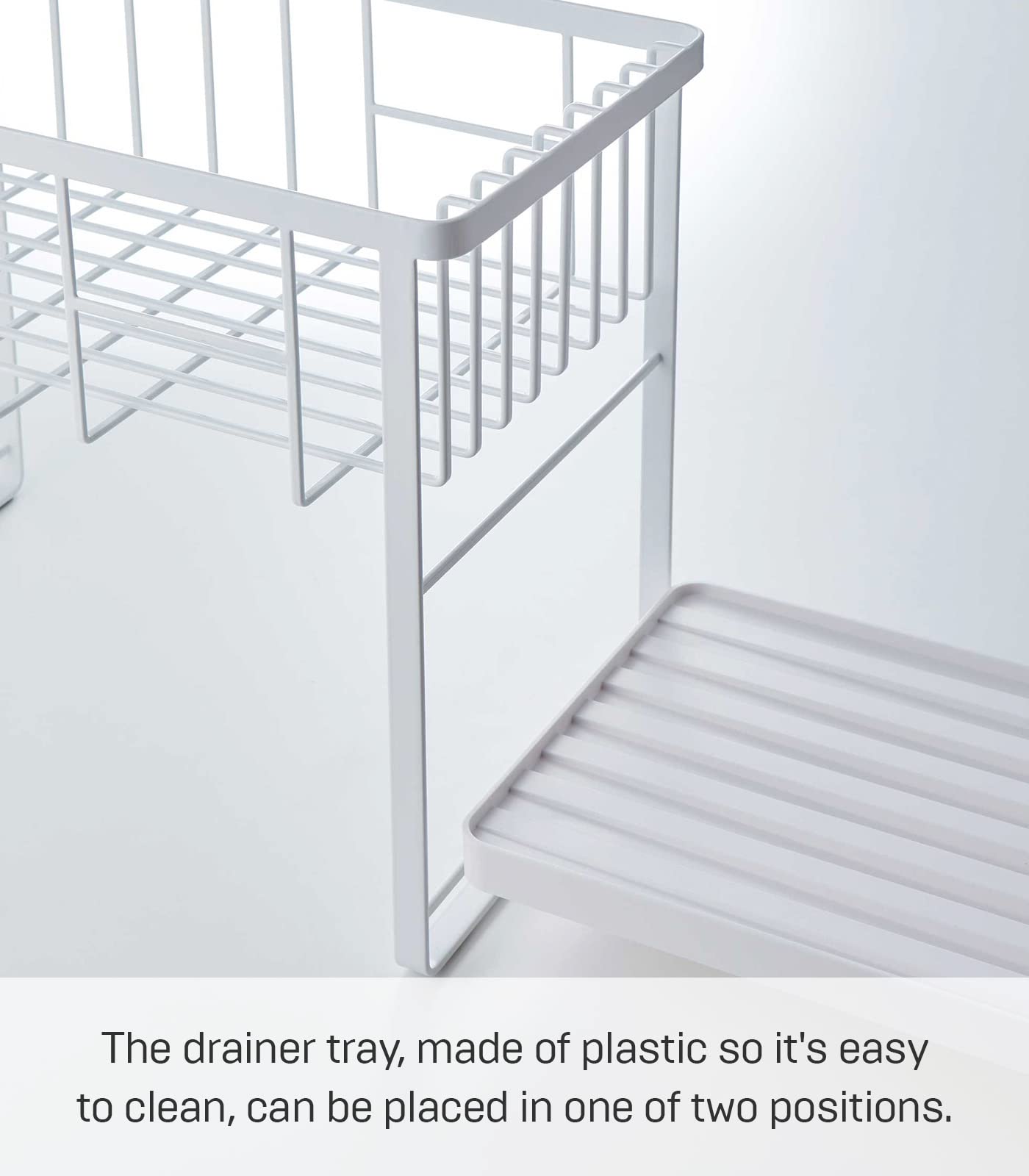 Yamazaki Home Two-Tier Adjustable Dish Drainer Rack, Compact Drying Rack with Hooks, Utensils Holder, Steel, Draining Spout, Water Resistant, No Assembly Req.