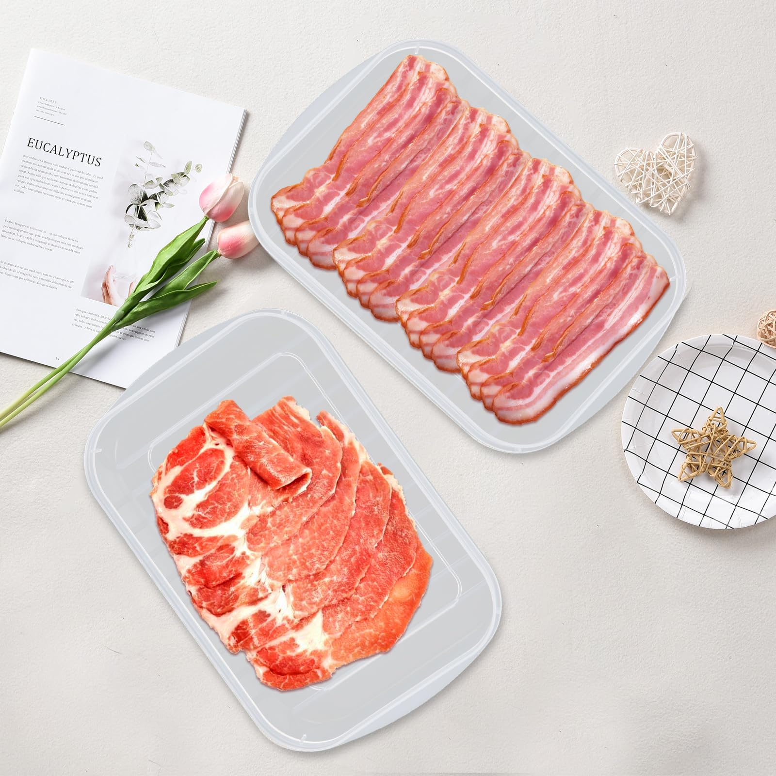 WOPPLXY 6 Pack Bacon Keeper, Plastic Deli Meat Container with Lids, Airtight Cold Cuts Storage Containers for Fridge Storage Box Food Shallow Low Profile Bacon Holder with 3 Pcs Buffet Serving Tongs
