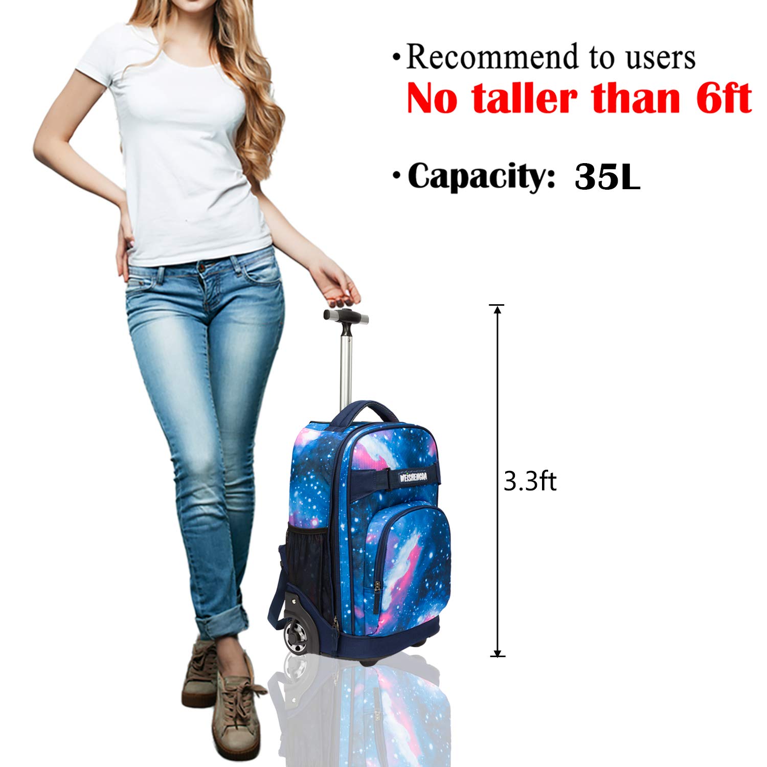 WEISHENGDA 18 inches Wheeled Rolling Backpack for Adults and School Students Books Travel Bag, Blue Sky
