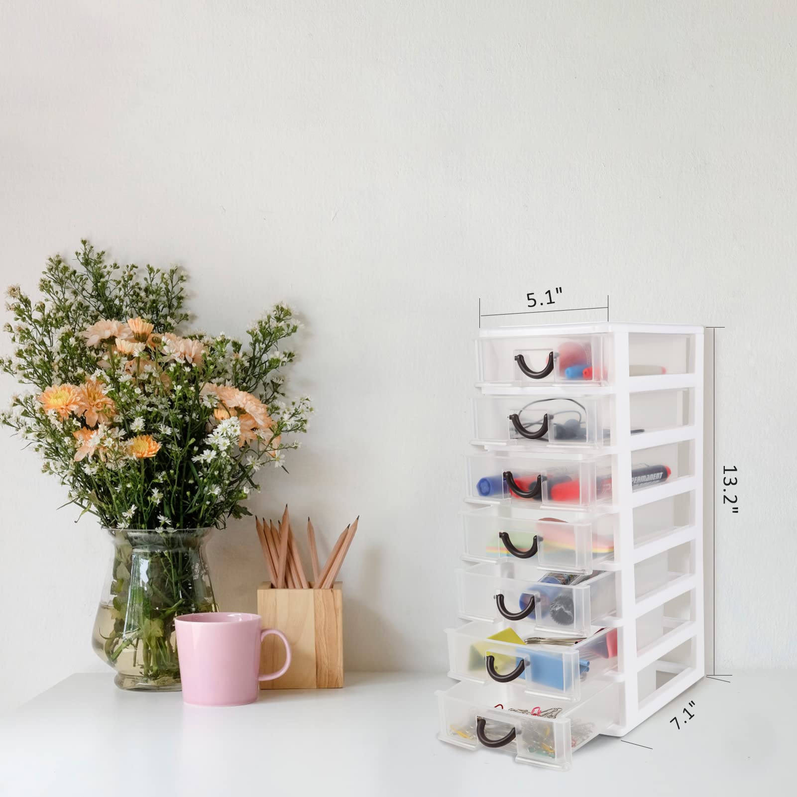 Rempry 7.1"x5.1"x13.2" Mini Organizer Box Storage Container Case with 7 Clear Desktop Drawer Units,White