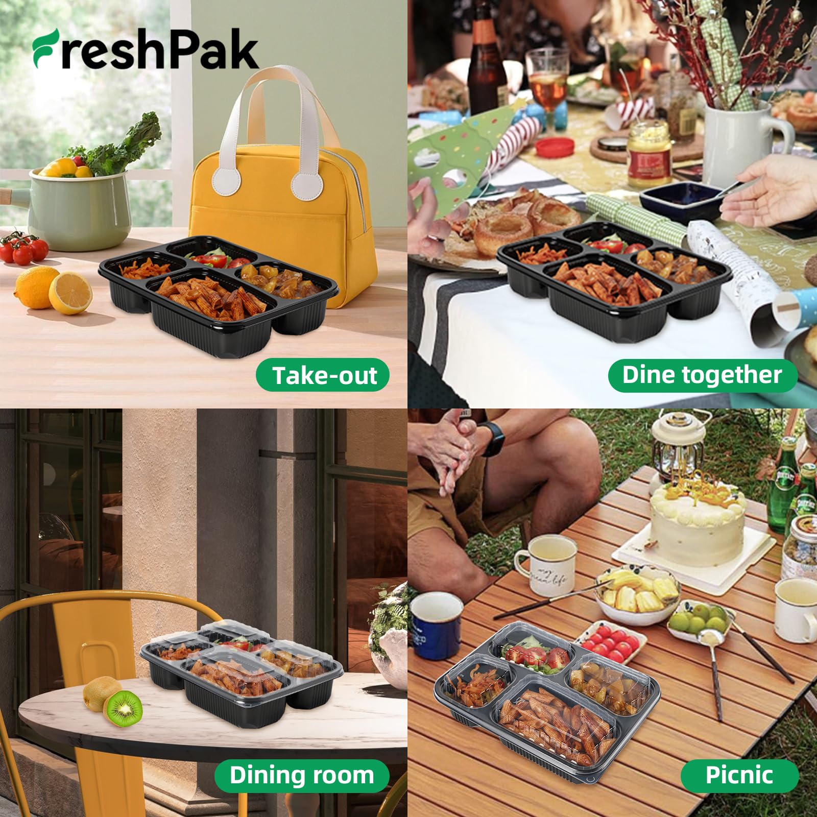 FRESHPAK Meal Prep Container, 4 Compartment 40-Pack To Go Containers with Lids Reusable BPA Free Microwave and Freezer Safe Bento Boxes Ideal for Portion Control and Food Storage(34oz)