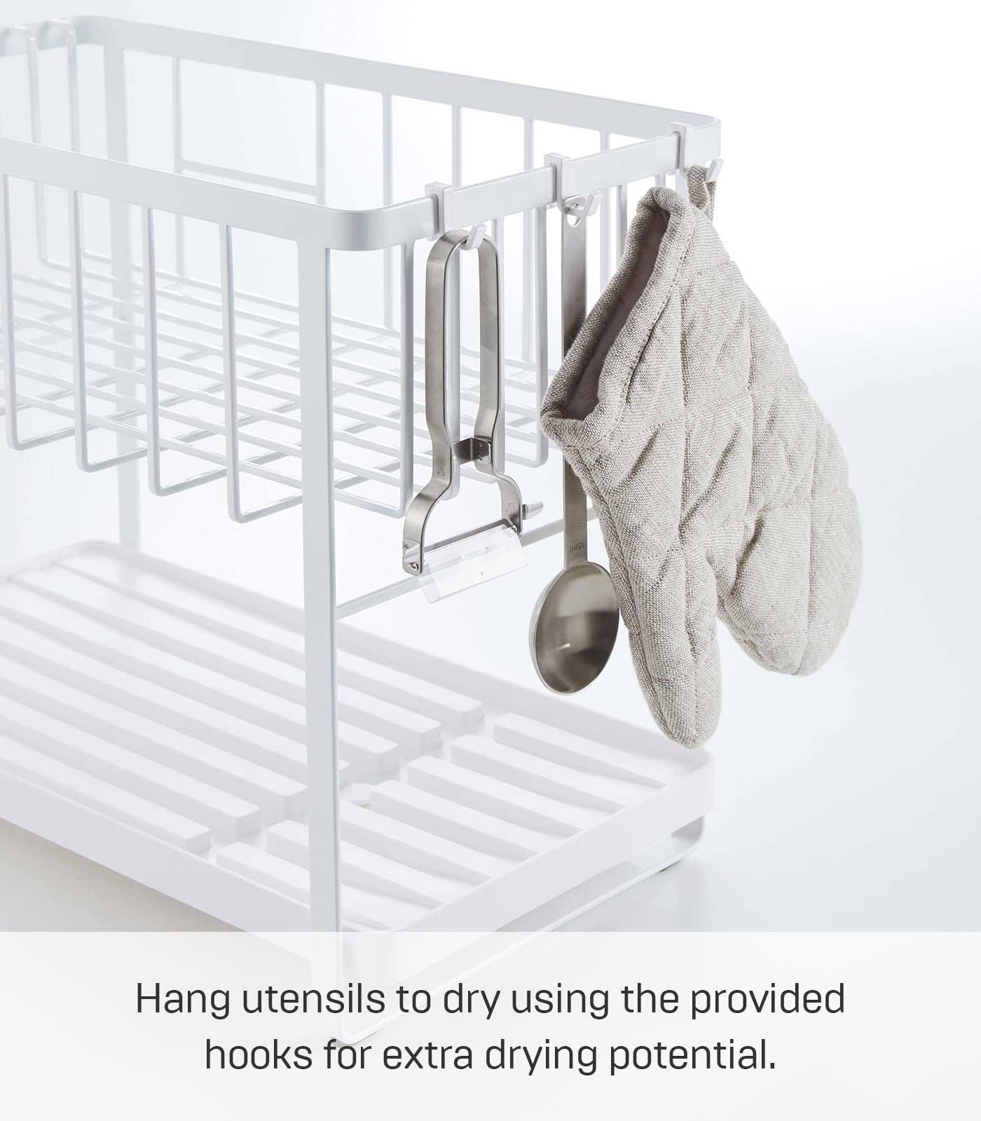 Yamazaki Home Two-Tier Adjustable Dish Drainer Rack, Compact Drying Rack with Hooks, Utensils Holder, Steel, Draining Spout, Water Resistant, No Assembly Req.