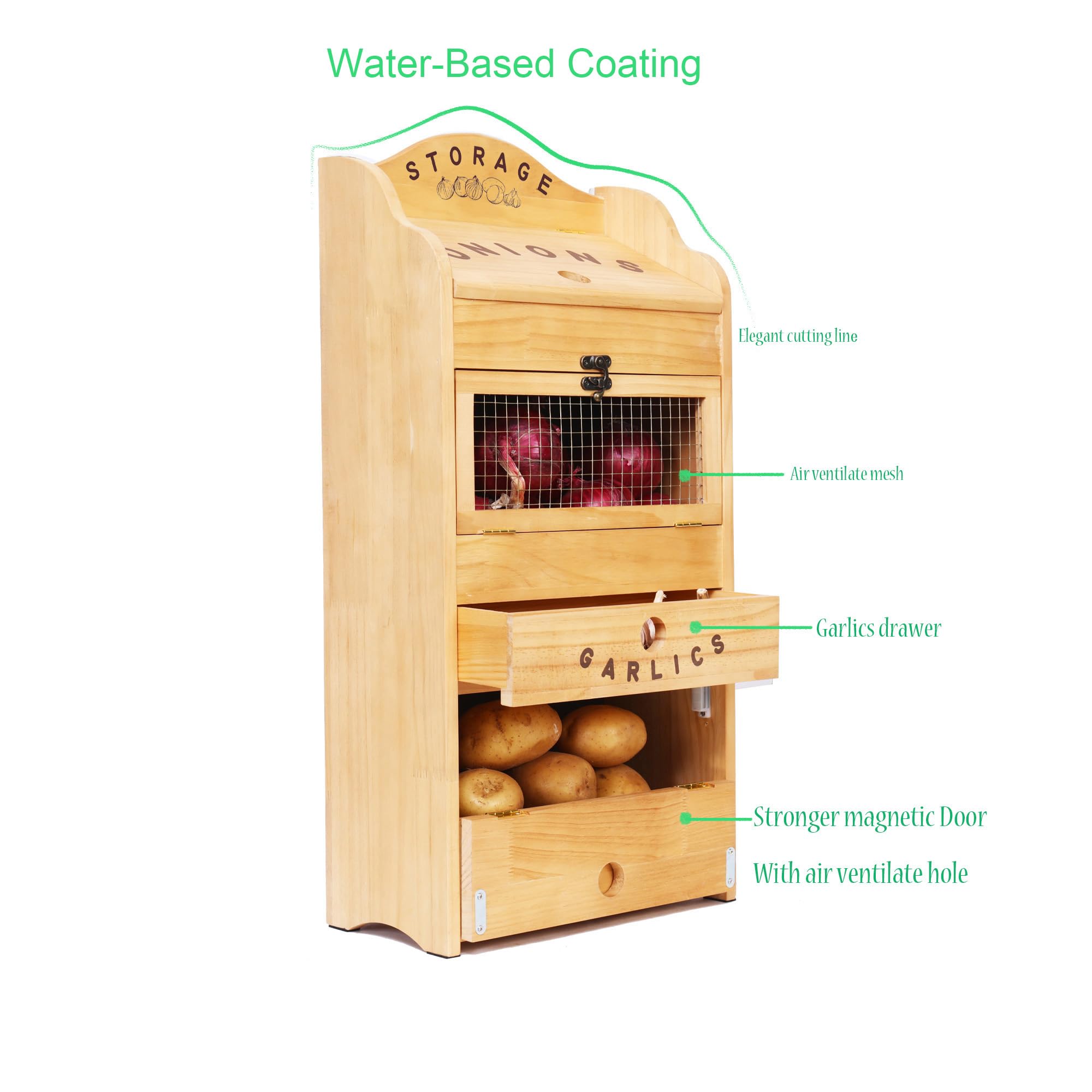 ARTAWEIN Pine Wood Veggie Bin for Potato, Onion and 1 Garlic Drawer Vegetable Box for Kitchen Storage, Solid Wood Vegetable Bin 13.77" L X 7.1" W X 29.3" H (Rustic Brown)